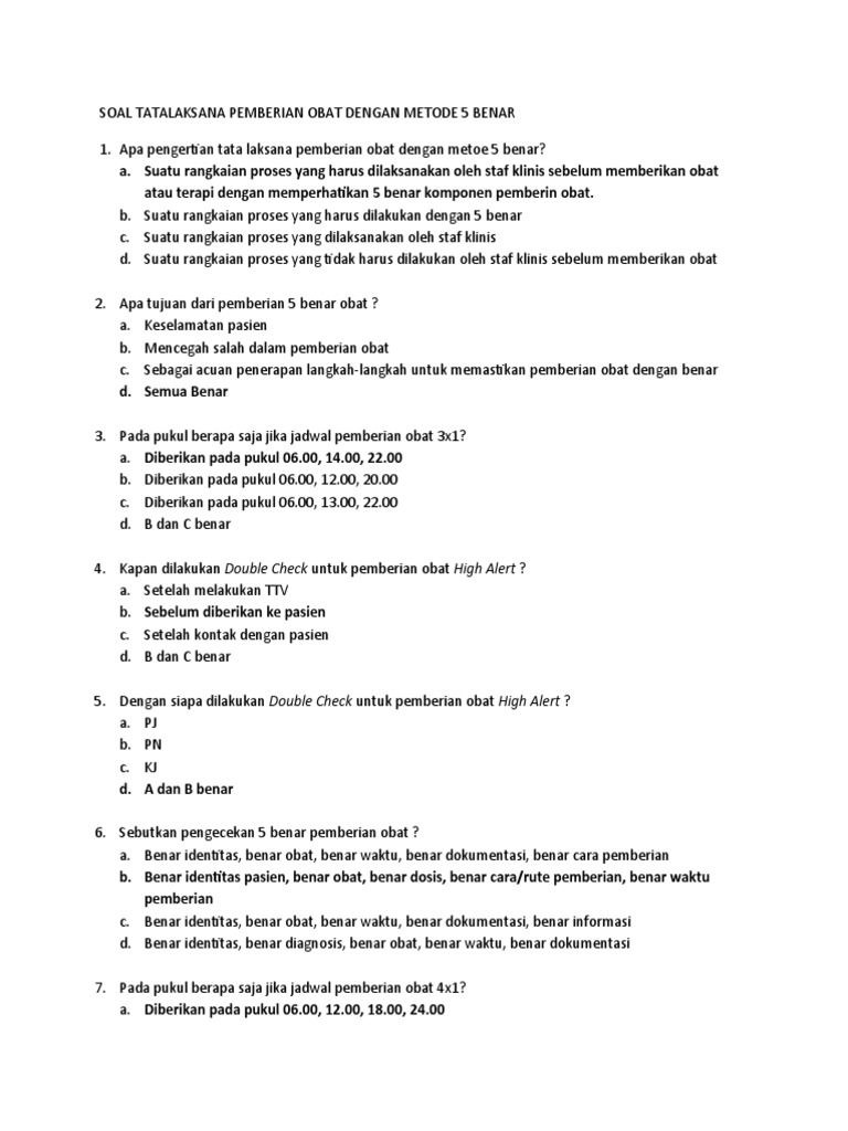 Soal Tatalaksana Pemberian Obat Dengan Metode 5 Benar | PDF