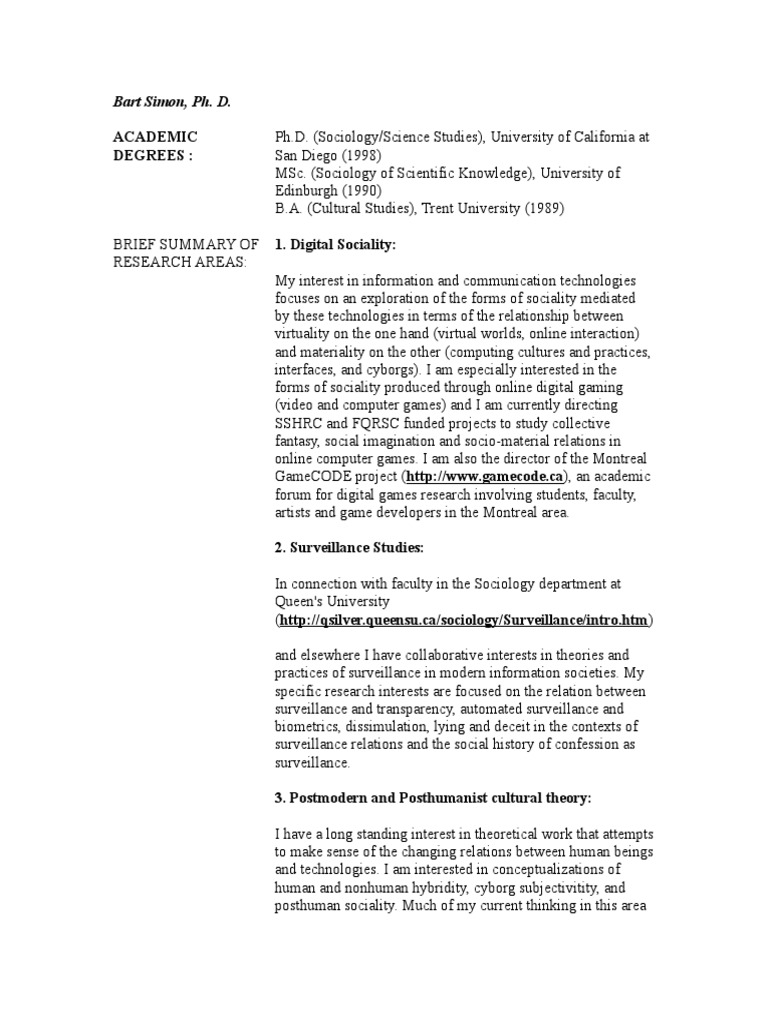 Academic Degrees:: Bart Simon, Ph. D | PDF | Sociology | Science