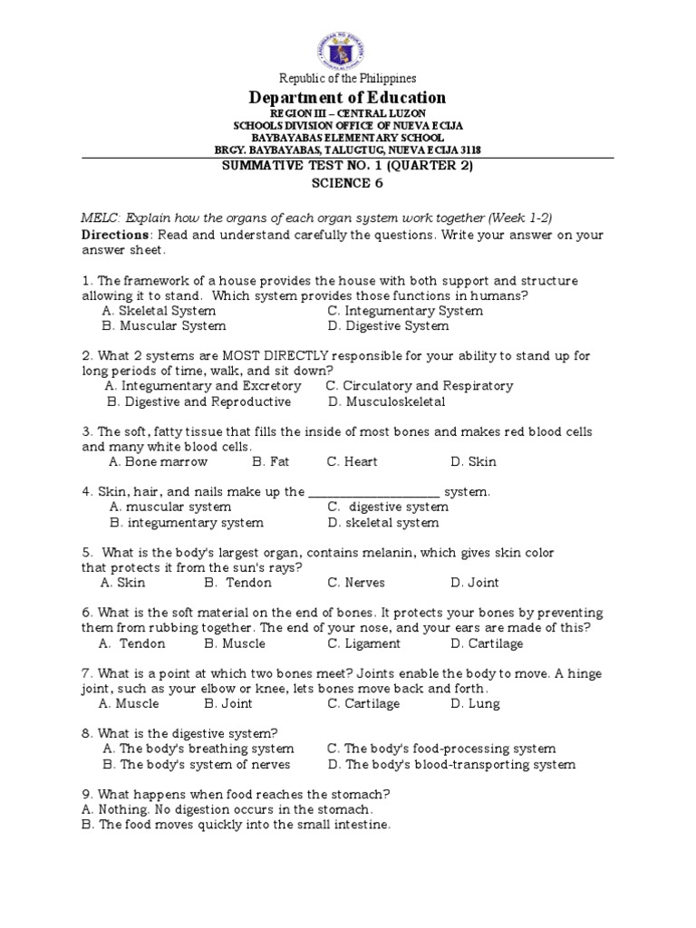 Summative Test SCIENCE 6 Quarter 2 | PDF | Skin | Blood