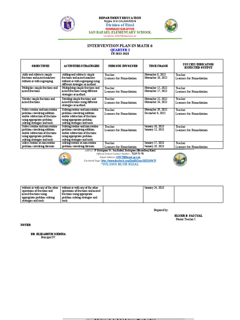 6th Grade Math Intervention Plan | PDF | Elementary Mathematics | Science