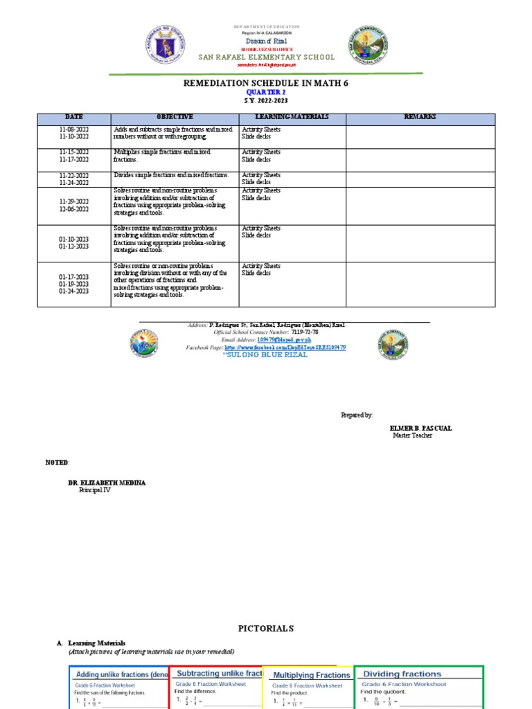 Q2 - Math 6 - Remediation-Sched | PDF | Mathematics | Elementary ...