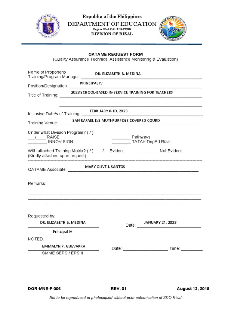Qatame Request Form School Based Inset | PDF | Philippines