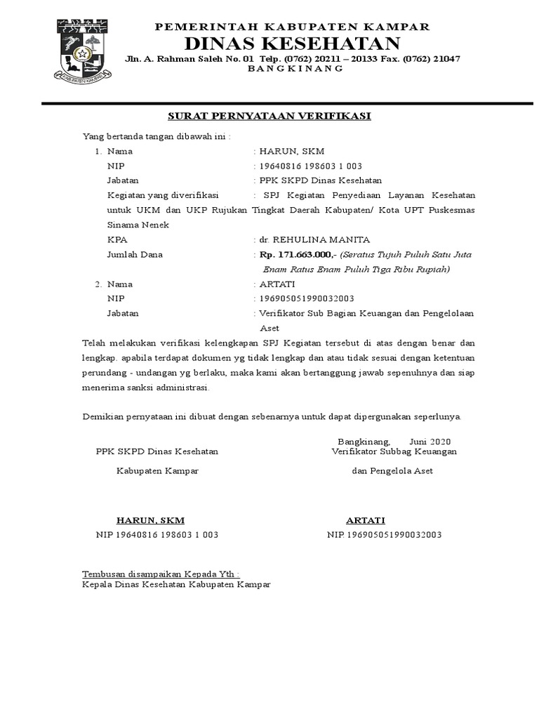 Surat Pernyataan Verifikasi Bok | PDF