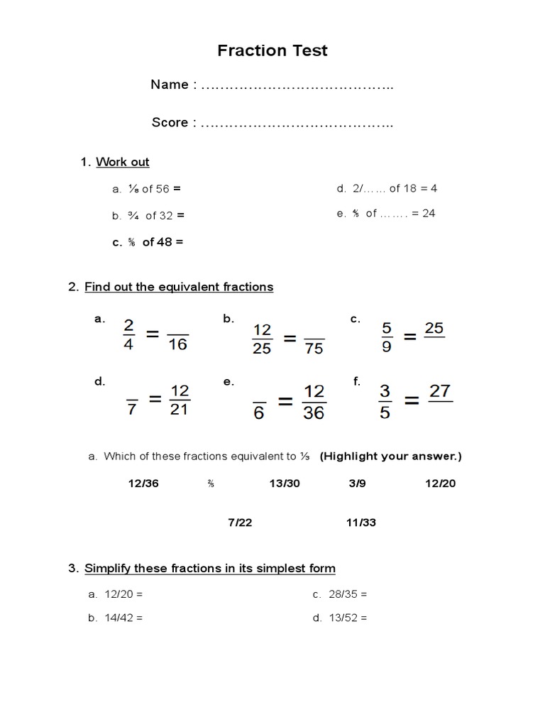 G6 Fraction Test - 2022 - 2023 | PDF