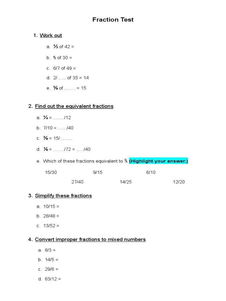 Math 1st Practice - Fraction Grade 6 | PDF