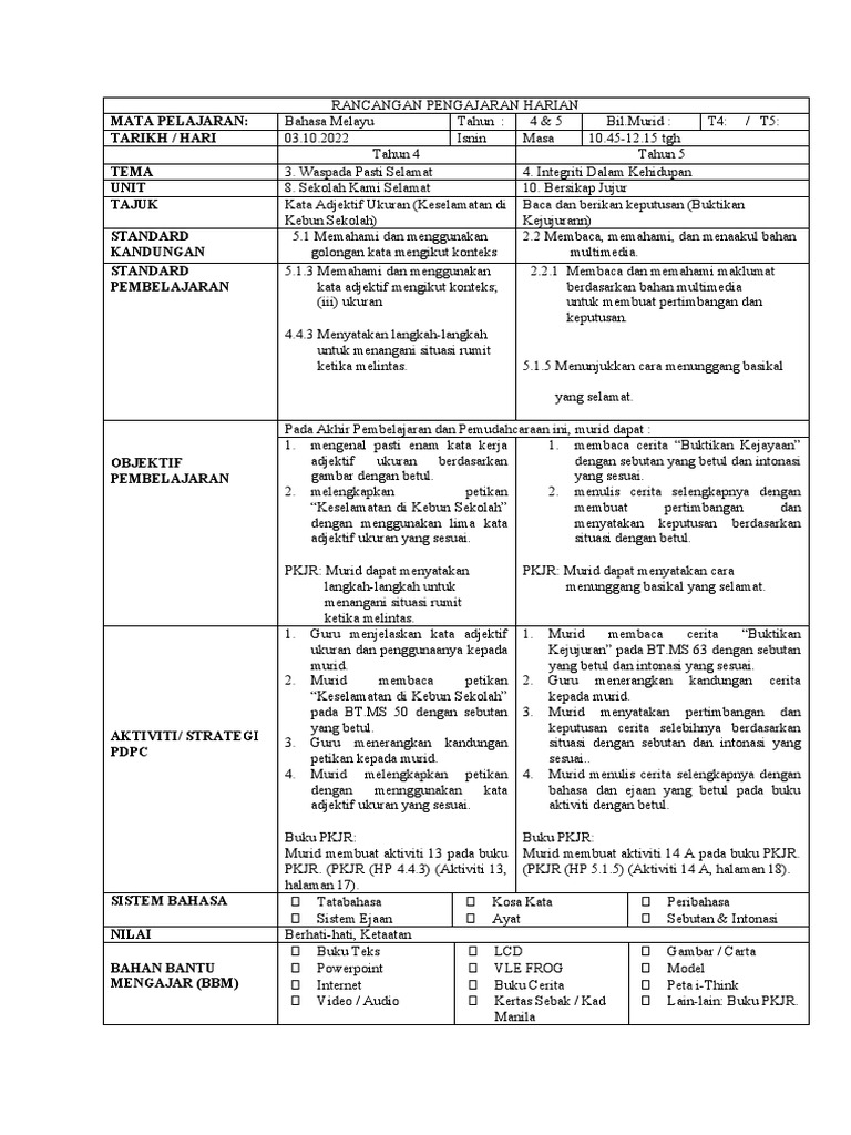 Mata Pelajaran: Tarikh / Hari Tema Unit Tajuk Standard Kandungan Standard Pembelajaran | PDF