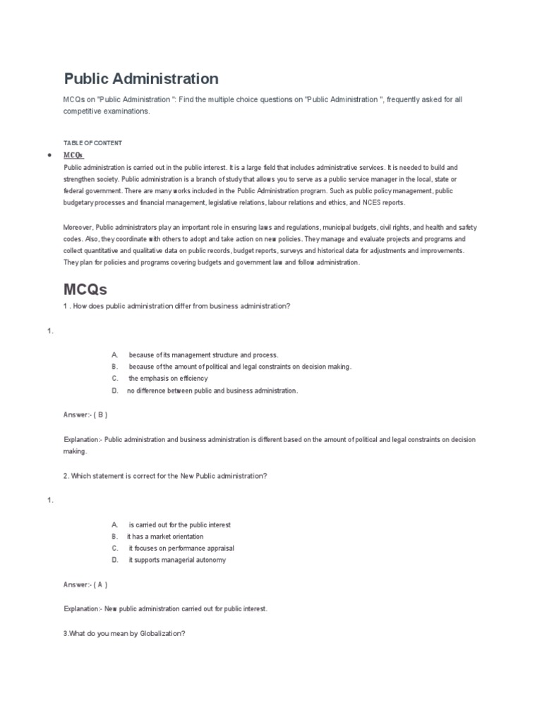 Public Administration MCQ | PDF | Multiple Choice | Policy