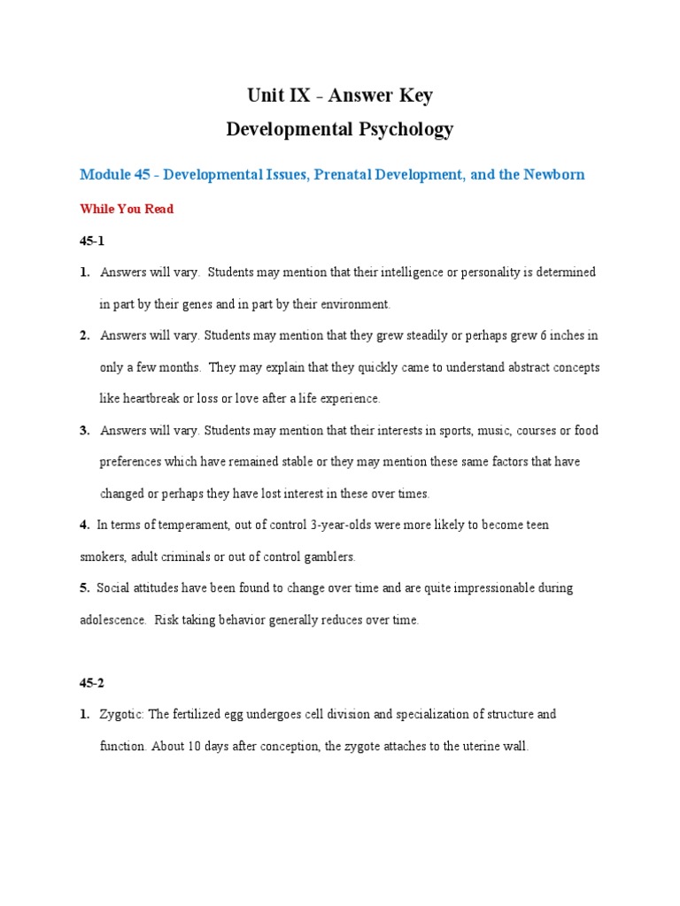 Unit IX - Answer Key Developmental Psychology: Module 45 ...