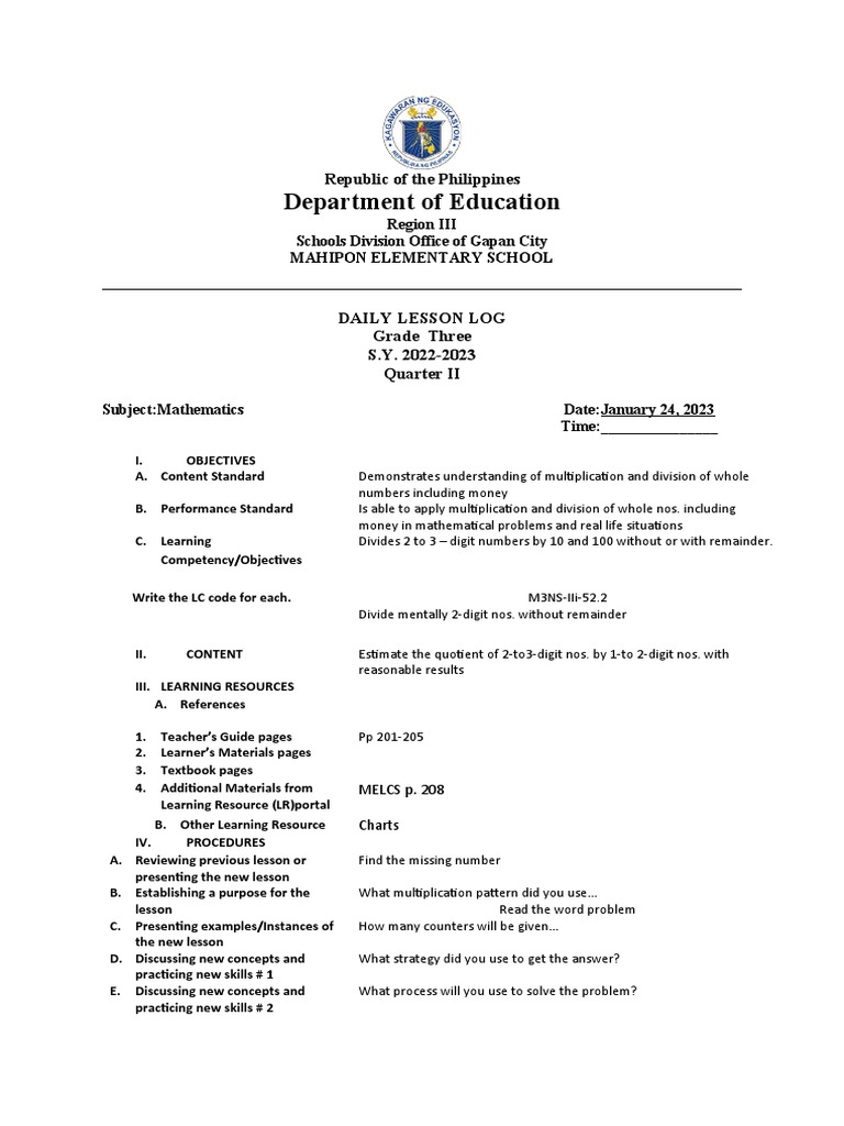 Dll Q2 Mathematics Week 9 D2 Pdf Learning Education Theory