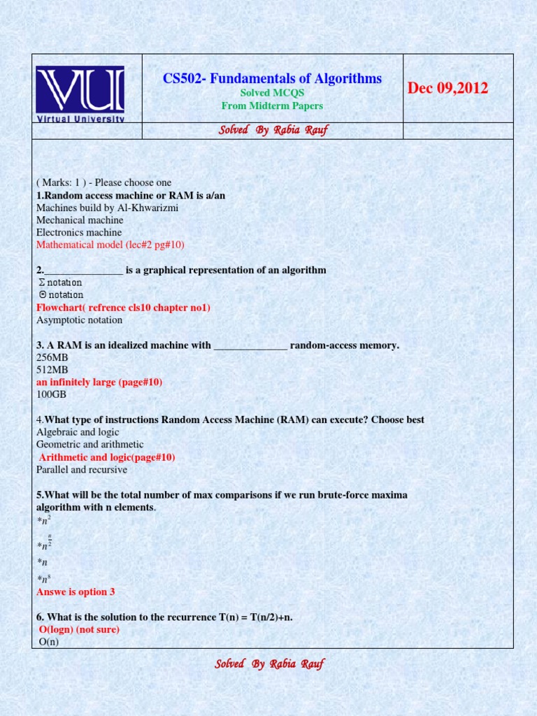 cs502 Midterm Solved MCQs | PDF | Time Complexity | Matrix (Mathematics) cs502 Midterm Solved MCQs | PDF | Time Complexity | Matrix (Mathematics)