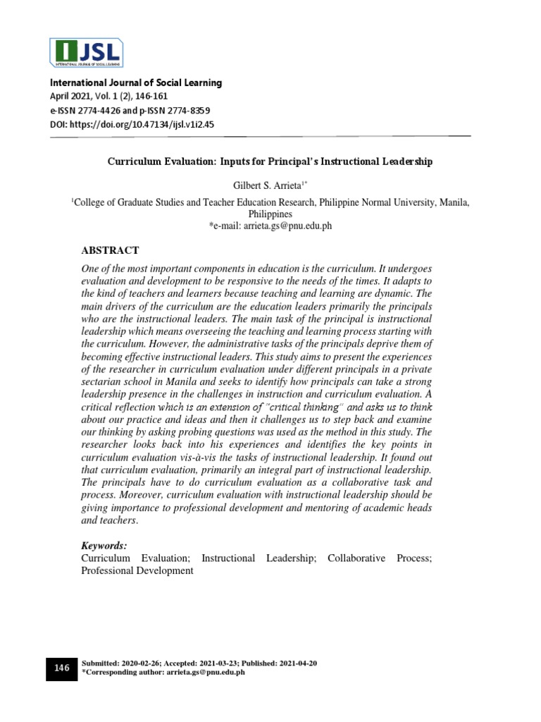Arrieta CURRICULUM EVALUATION - INPUTS For PRINCIPALS INSTRUCTIONAL LEADERSHIP | PDF | Teachers ...