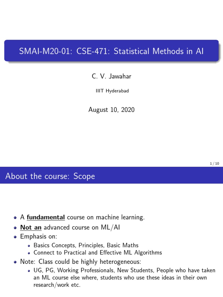 SMAI-M20-01: CSE-471: Statistical Methods in AI: C. V. Jawahar | PDF | Teaching Mathematics ...