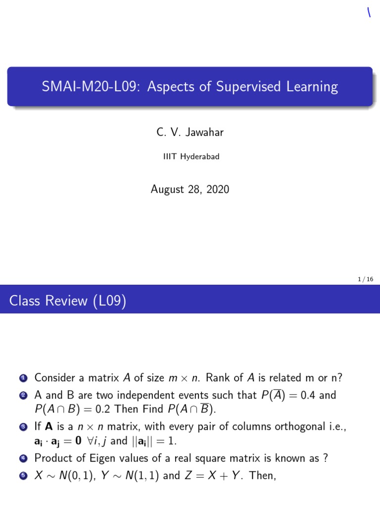 SMAI-M20-L09: Aspects of Supervised Learning: C. V. Jawahar | PDF | Matrix (Mathematics ...