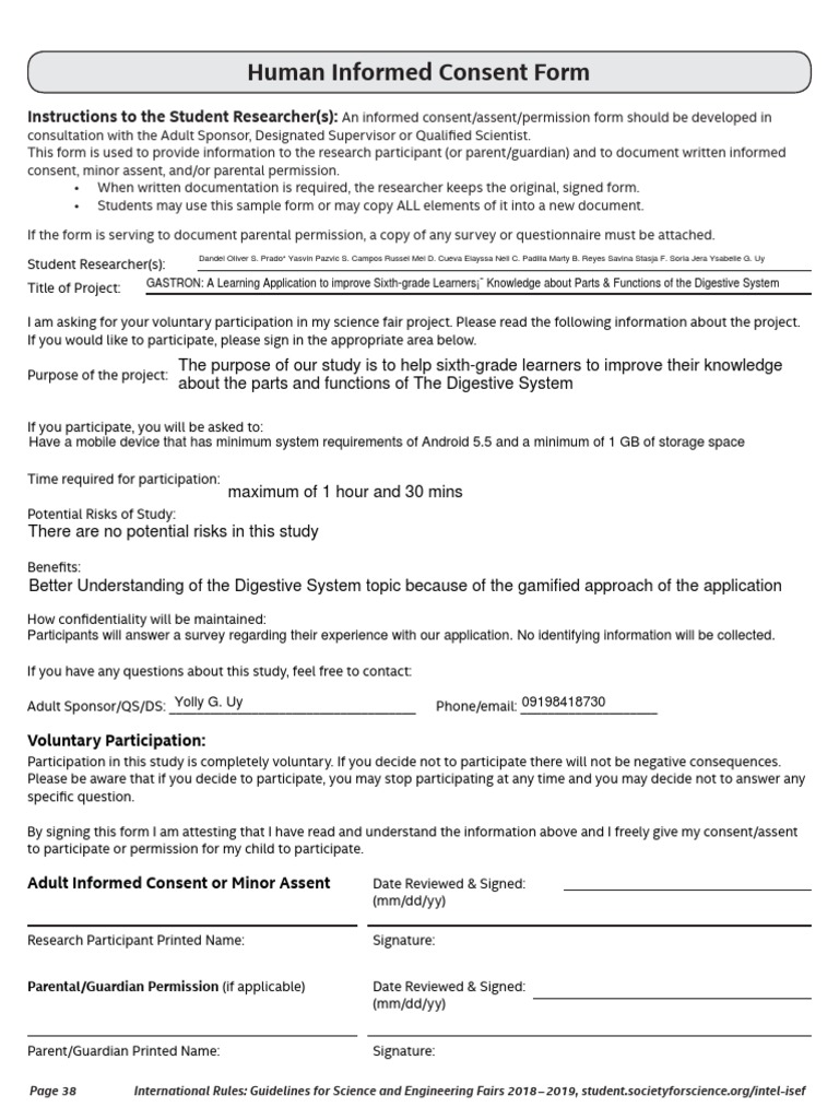 ISEF 3 - Human Consent Form | PDF | Informed Consent | Cognition