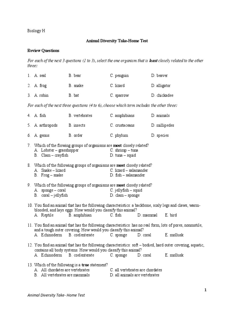 Animal Diversity Take Home Test | PDF | Invertebrate | Mollusca