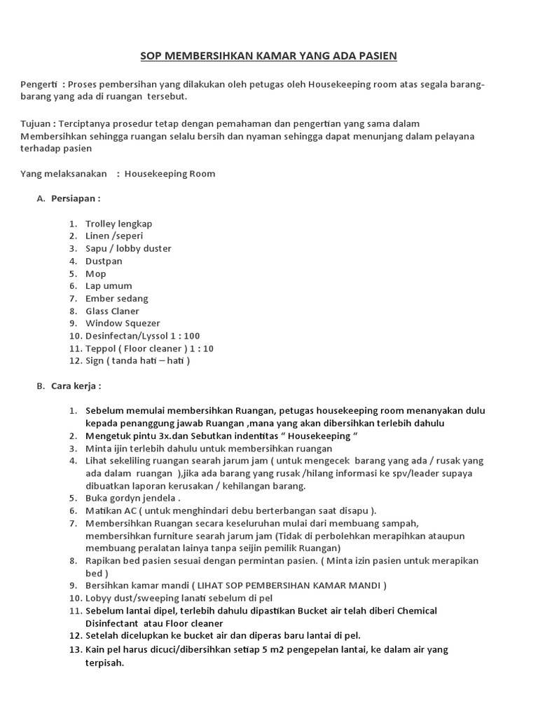 Sop Membersihkan Kamar Yang Ada Pasien | PDF | Griya & Taman