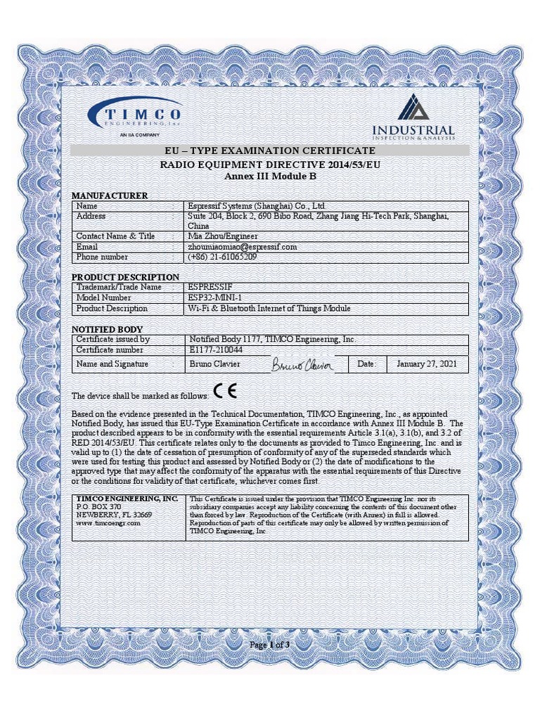 ESP32-MINI-1 CE Certification | PDF | Radio | Computing