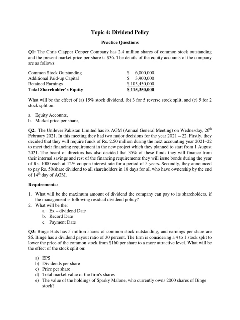 Topic 4 - Practice Questions | PDF | Dividend | Stocks