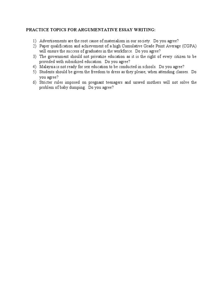 Argumentative Essay Practice Topics | PDF | Wellness
