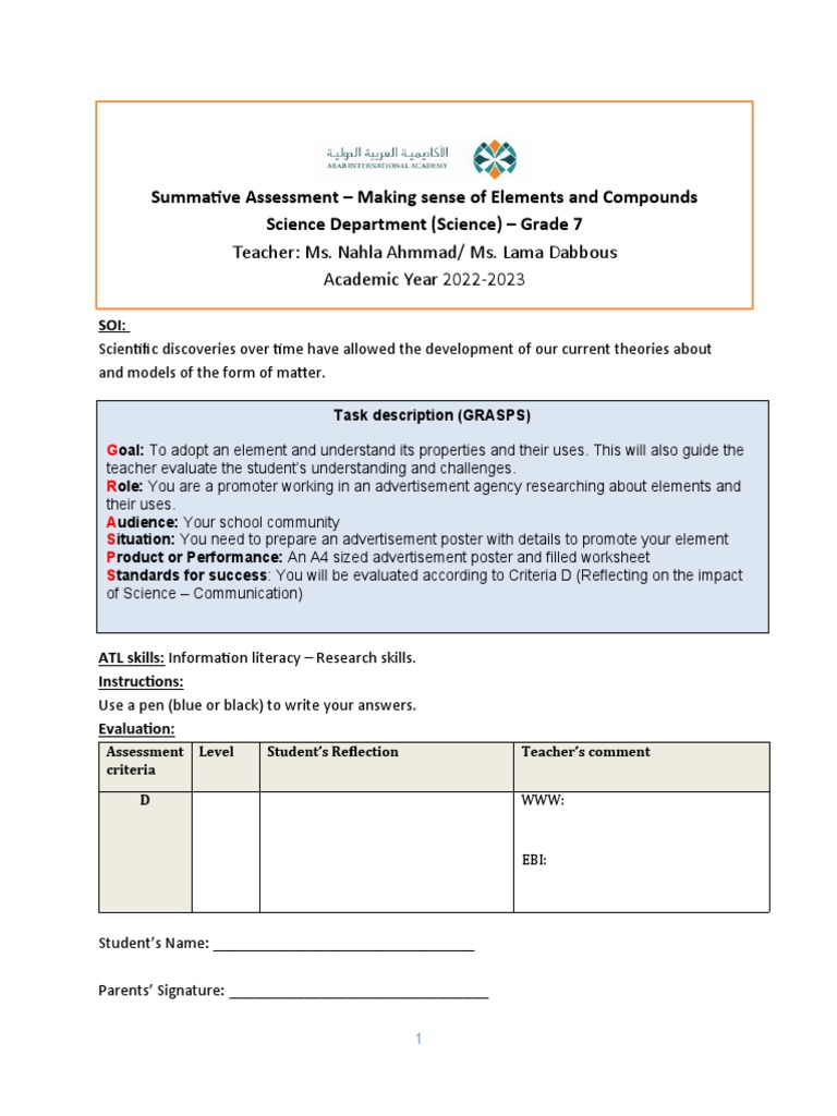 Grade 7 - Unit 3 SA - Criterion D 2023 | PDF | Chemical Elements | Science