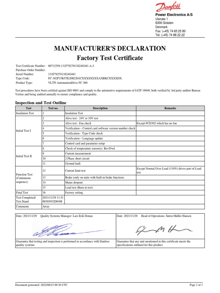 Manufacturer'S Declaration Factory Test Certificate: Inspection and ...