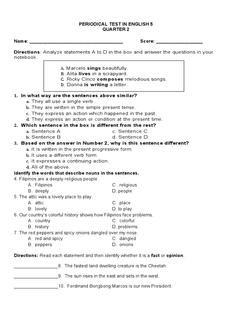 2ND QUARTER PERIODIC TEST ENG 5 - Edited | PDF | Verb | Linguistics