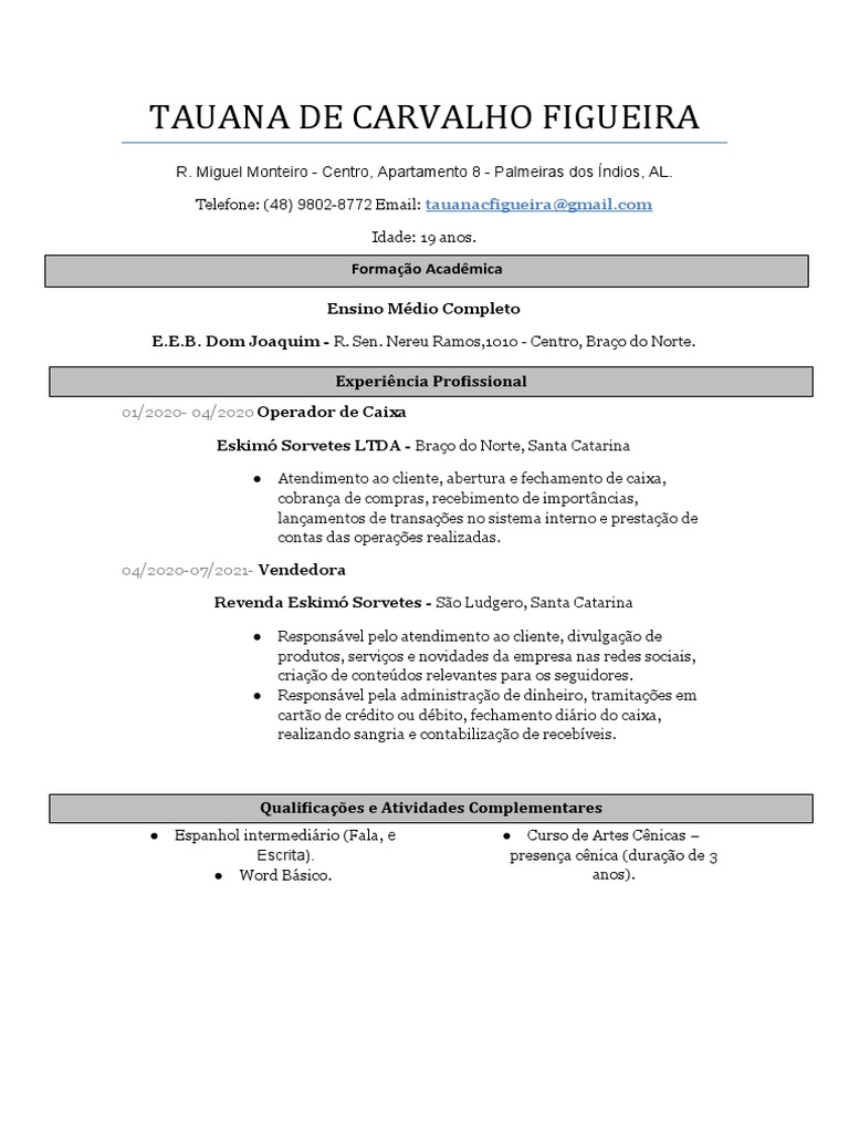 Currículo - TAUANA DE CARVALHO FIGUEIRA | PDF