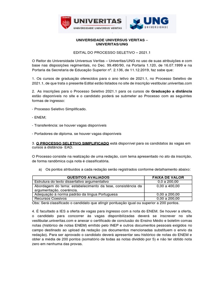 Edital Processo Seletivo 2021.1 UNIVERITAS | PDF | Ensino Superior