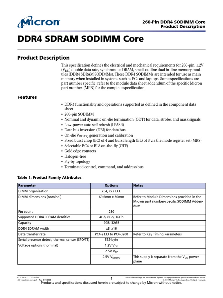 Memory - Micron - Product Description - 260-Pin DDR4 SODIMM Core - ddr4 ...