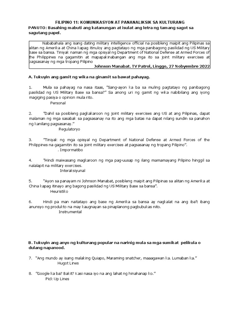Filipino 11 Kompan Reviewer | PDF