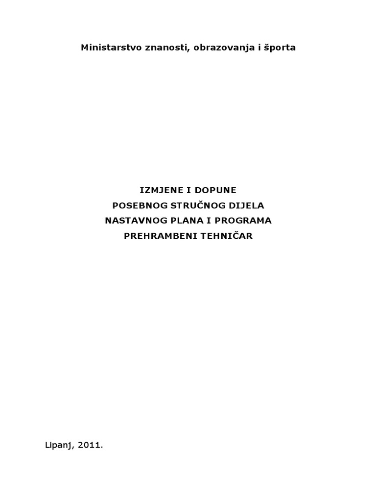 1-Izmjene I Dopune Posebnog-Strucnog-Dijela Npip Prehrambeni-Tehnicar | PDF