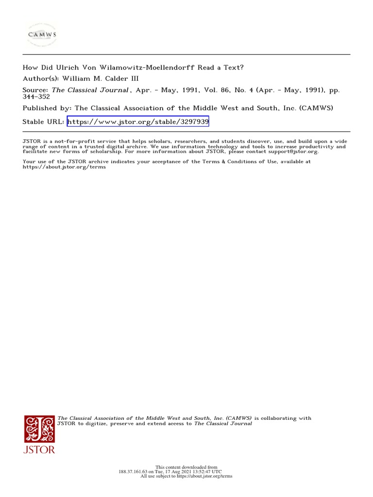 William Calder III, How Did Ulrich Von Wilamow | PDF | Plato