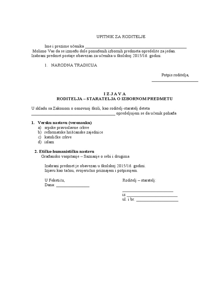 Upitnik Za Roditelje | PDF