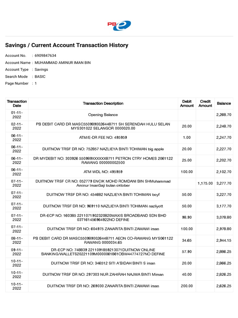 Transaction History for Savings Account 6909847634 | PDF | Debit Card ...