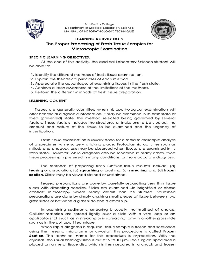 Act. 2 - Proper Processing of Fresh Tissue Samples For Microscopic ...