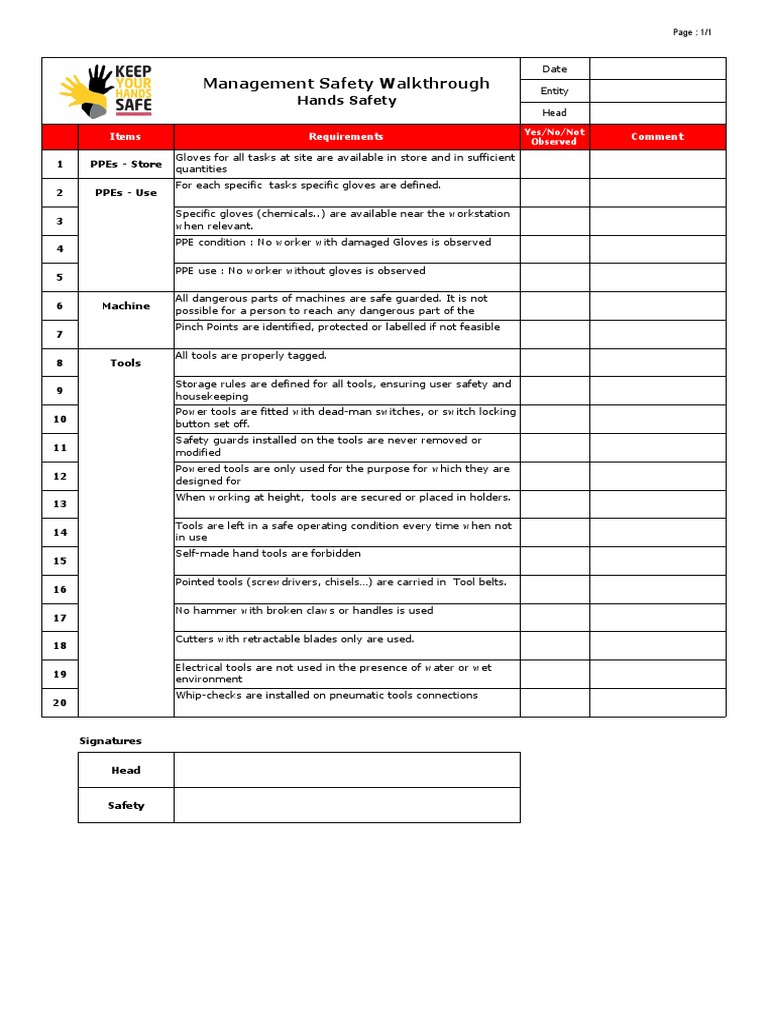 Management Safety Walkthrough Report on Personal Protective Equipment ...