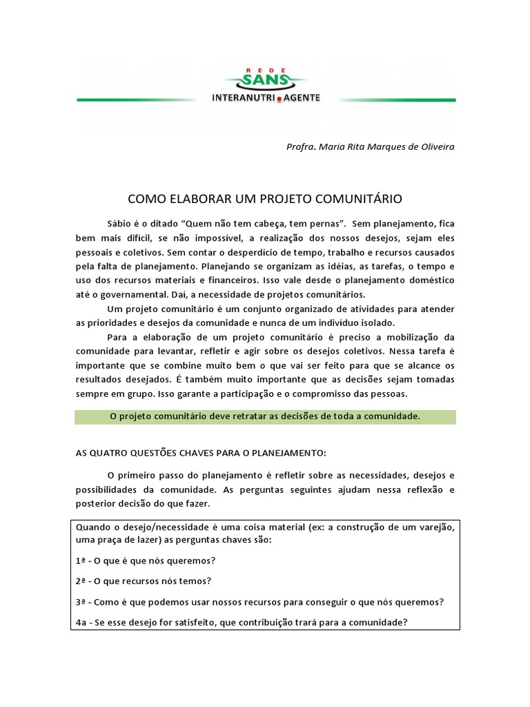 Como Elaborar Um Projeto Comunitario | PDF | Planejamento
