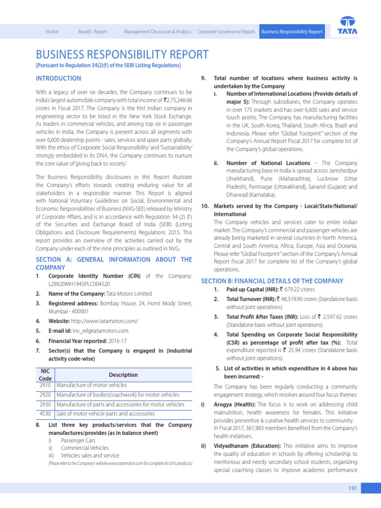 TATA Business Responsibility Report | PDF | Corporate Social ...