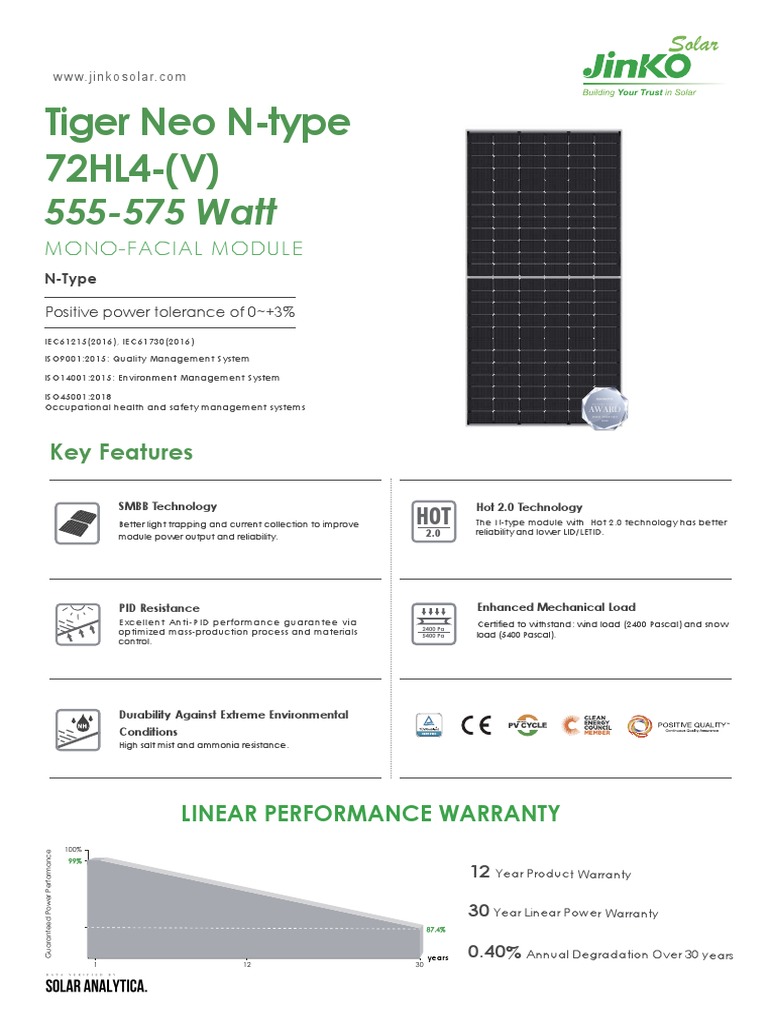 Jinko Tiger Neo 72HC Datasheet Solar Analytica ECA2022 | PDF | Physical Quantities ...