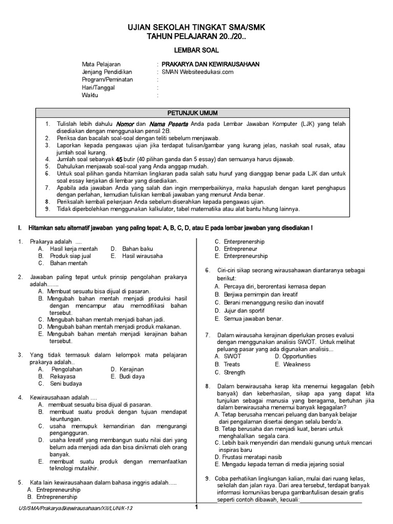 Soal Us Pkwu Sma | PDF