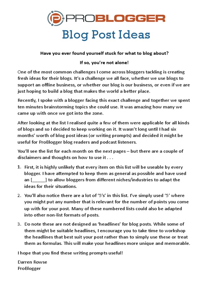 ProBlogger 6 Months of Blog Post Prompts - Month 1 | PDF | Blog ...
