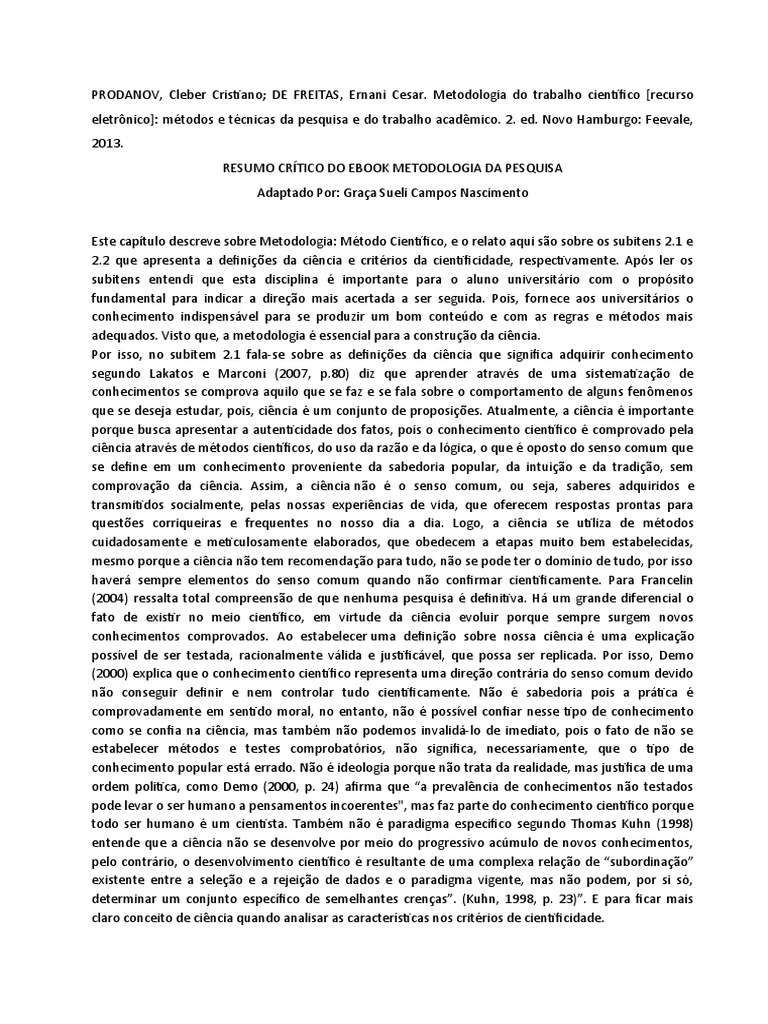 Resumo Critico Do Ebook Metodologia Da Pesquisa | PDF | Science | Conhecimento