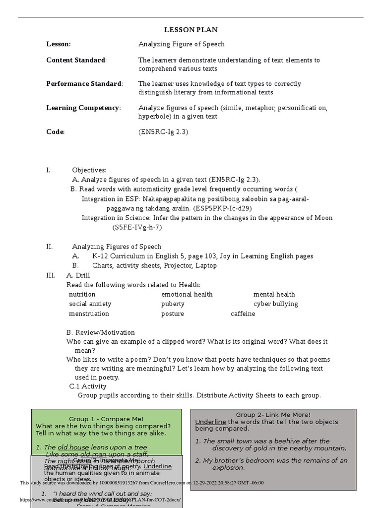 LESSON PLAN For COT 2 | PDF | Metaphor | Learning