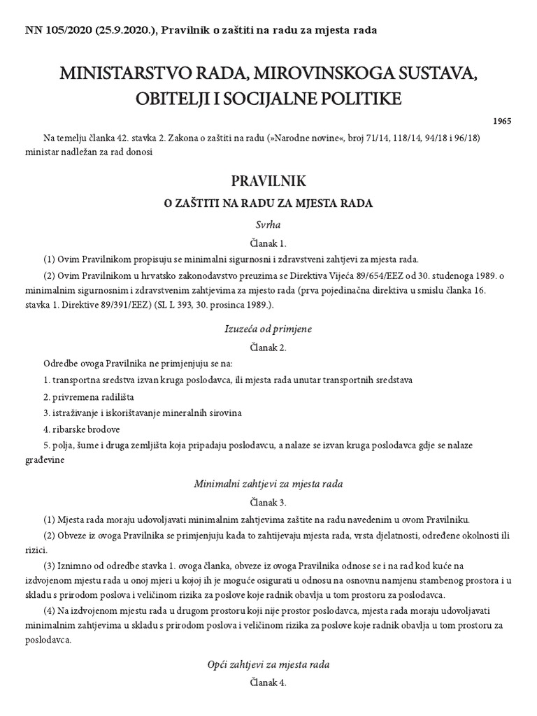 Pravilnik o Zaštiti Na Radu Za Mjesta Rada | PDF