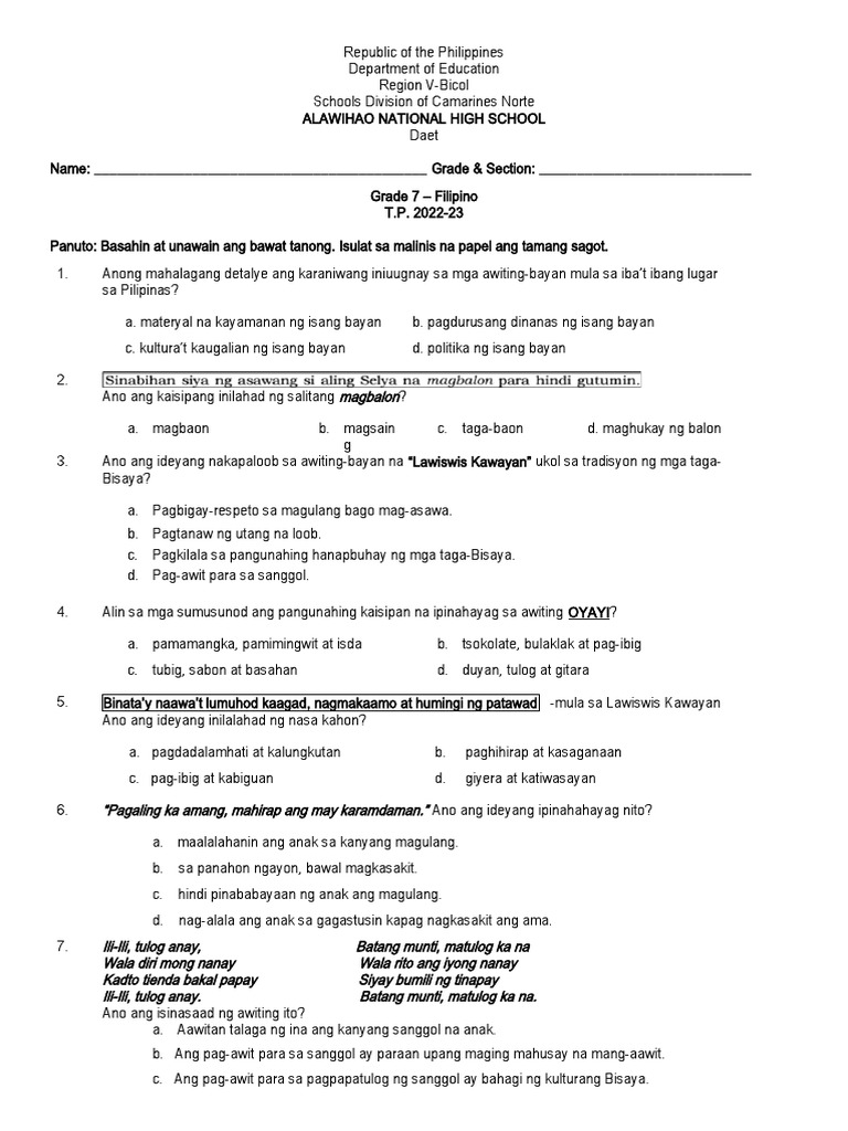 Fil 7 q2 Test Edited | PDF