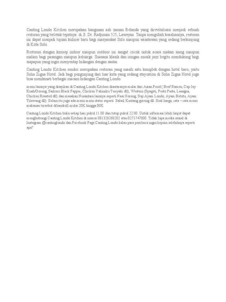 Restoran Klasik Canting Londo Solo | PDF