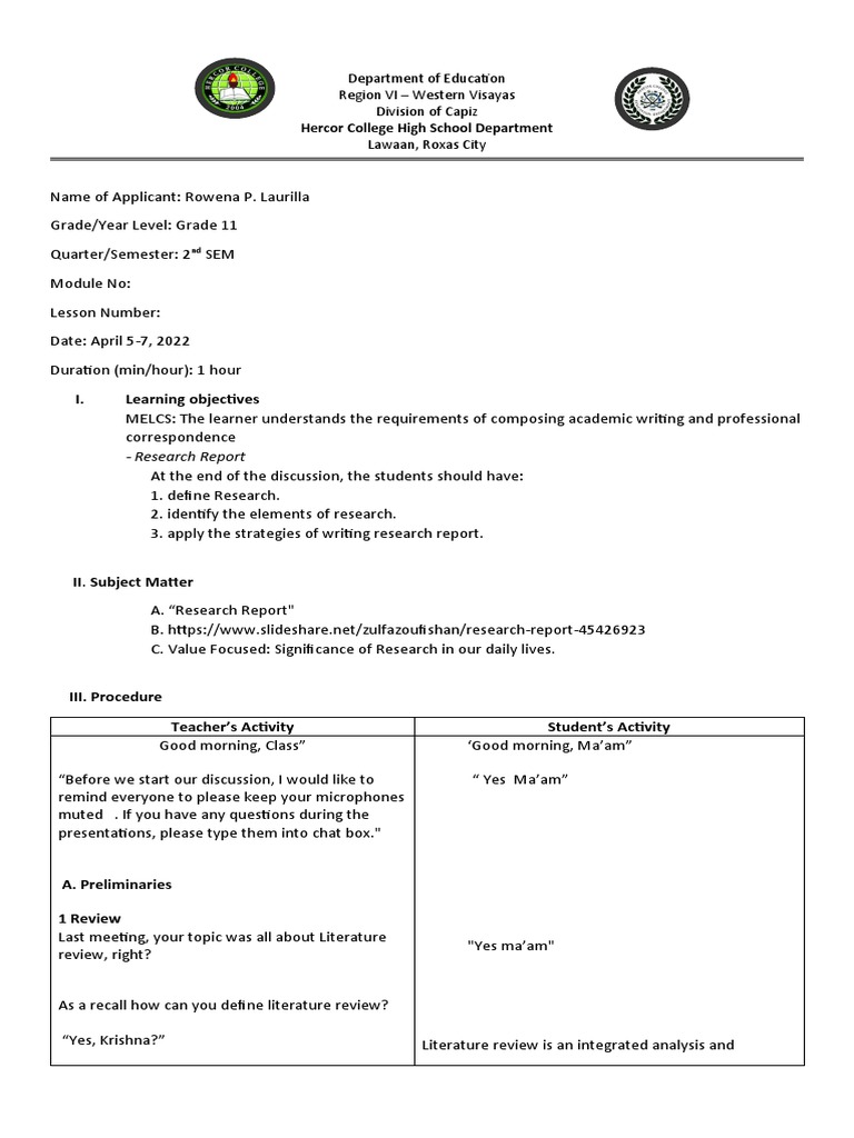 Research Report Lesson Plan | PDF | Lesson Plan | Cognition