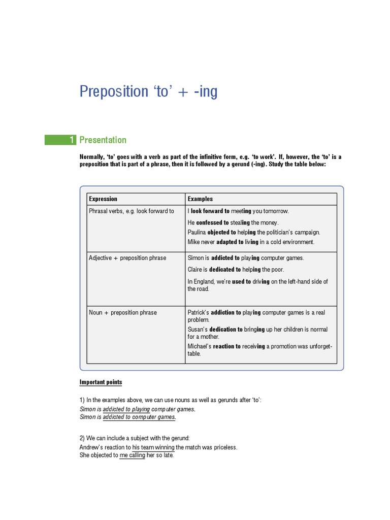 Preposition To Ing | PDF | English Grammar | Preposition And Postposition