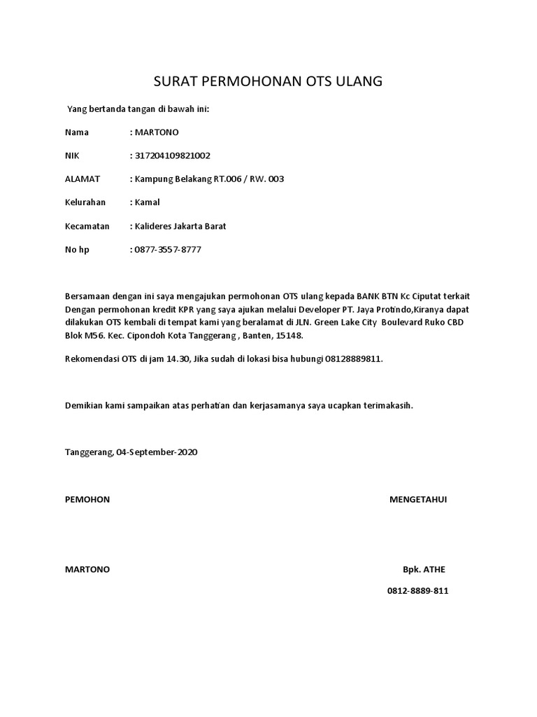 Surat Permohonan Ots Ulang435353 | PDF