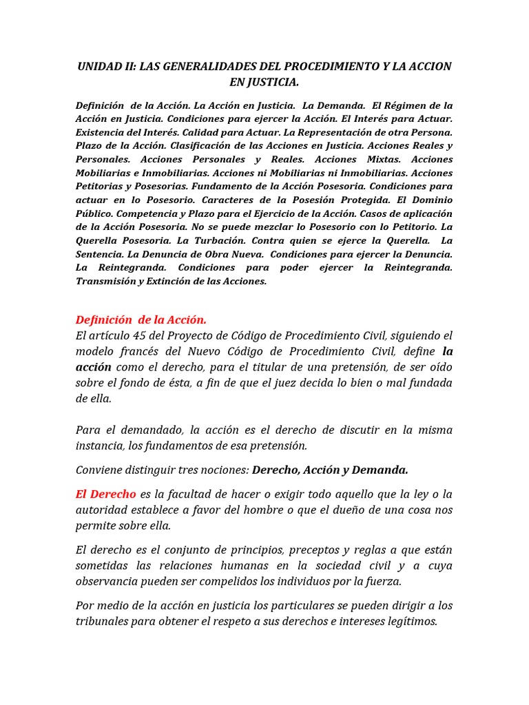 Unidad II - Las Generalidades Del Procedimiento y La Accion en Justicia ...